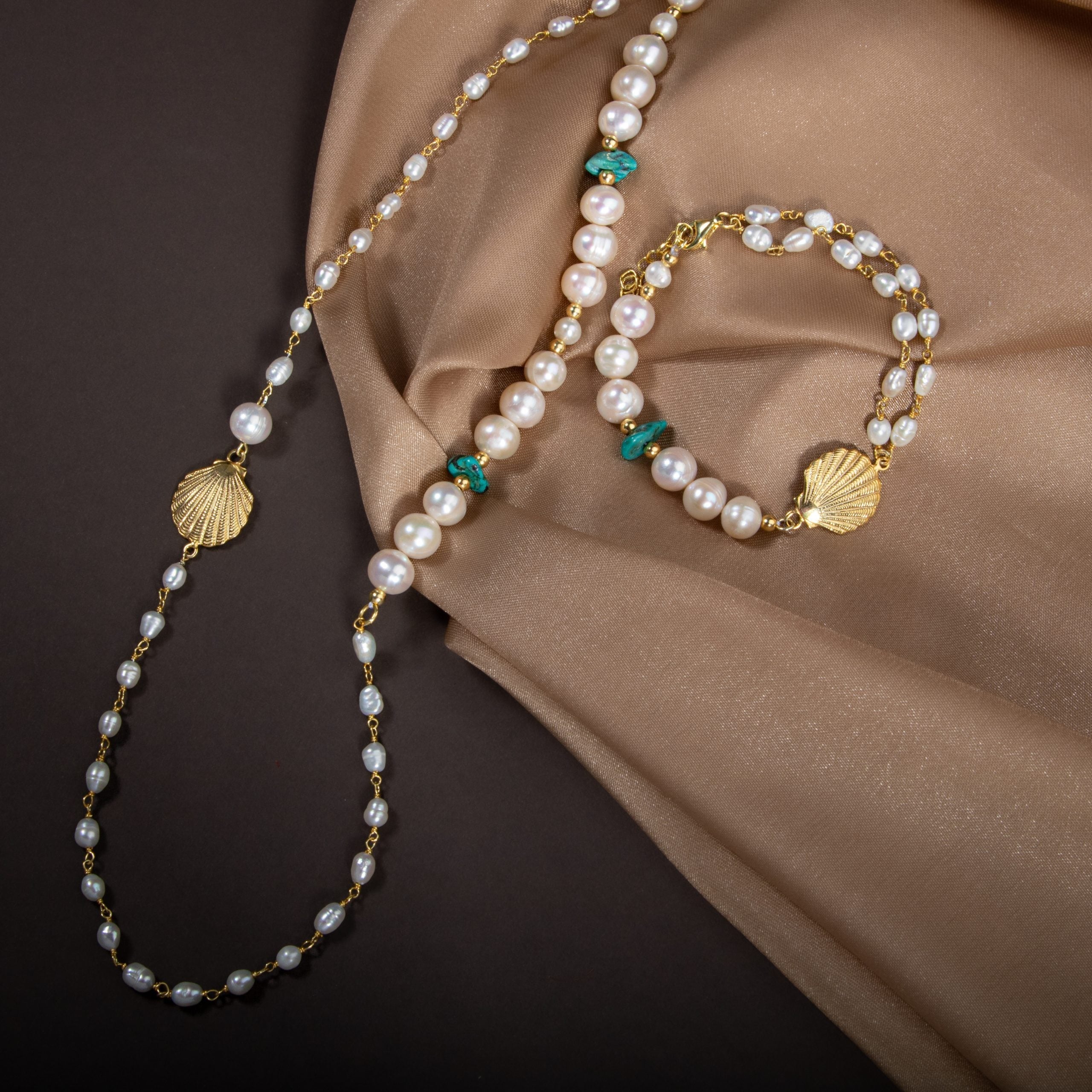 İnci & Turkuaz Altın Kaplama Kapama Doğal Taş Takı Seti – Özel Tasarım ...