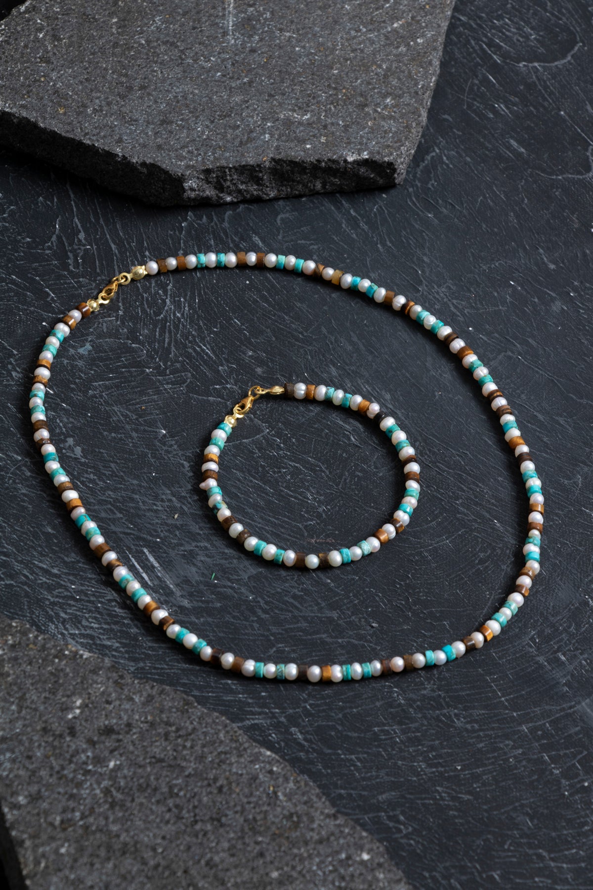 İnci Kaplan Gözü Turkuaz Gümüş Kapama Doğal Taş Seti – Safnaturel